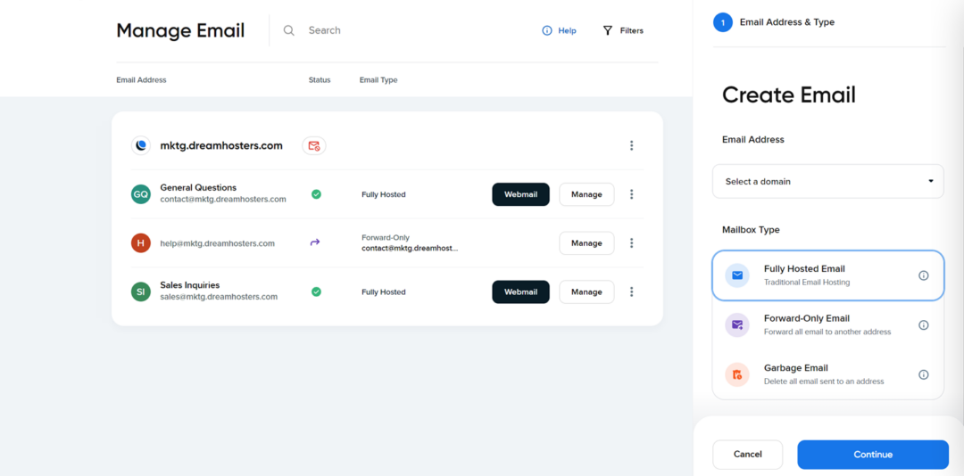 Panel Update: New “Manage Email” Experience - DreamHost