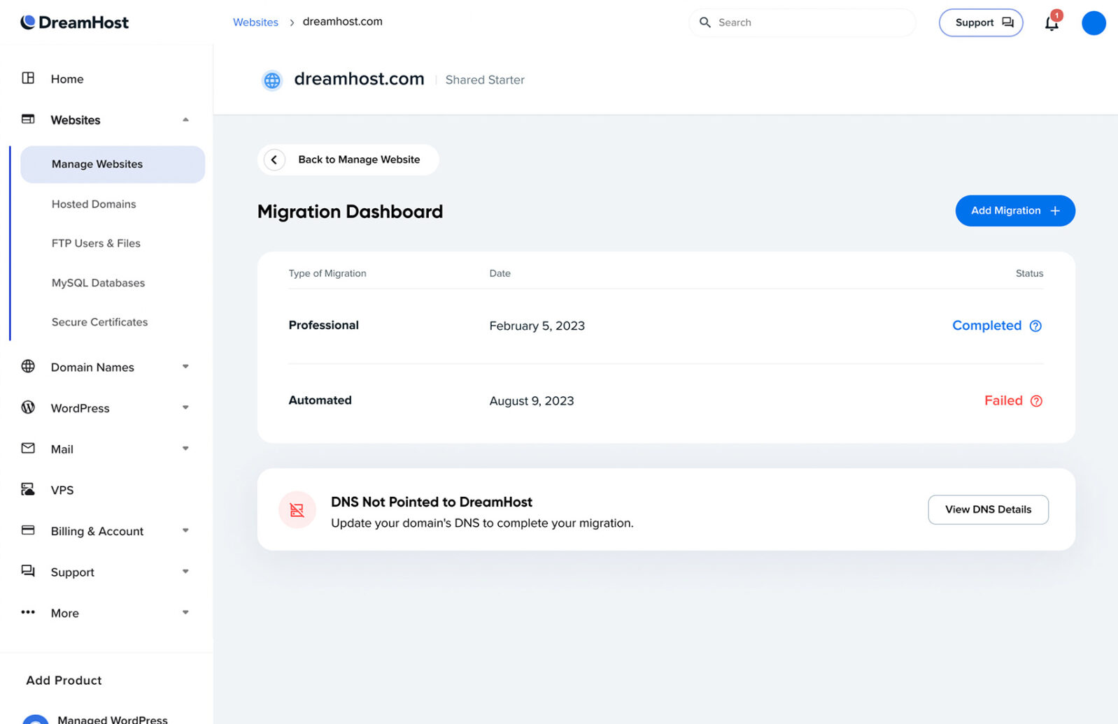 New Migration Dashboard Added to “Manage Websites” - DreamHost